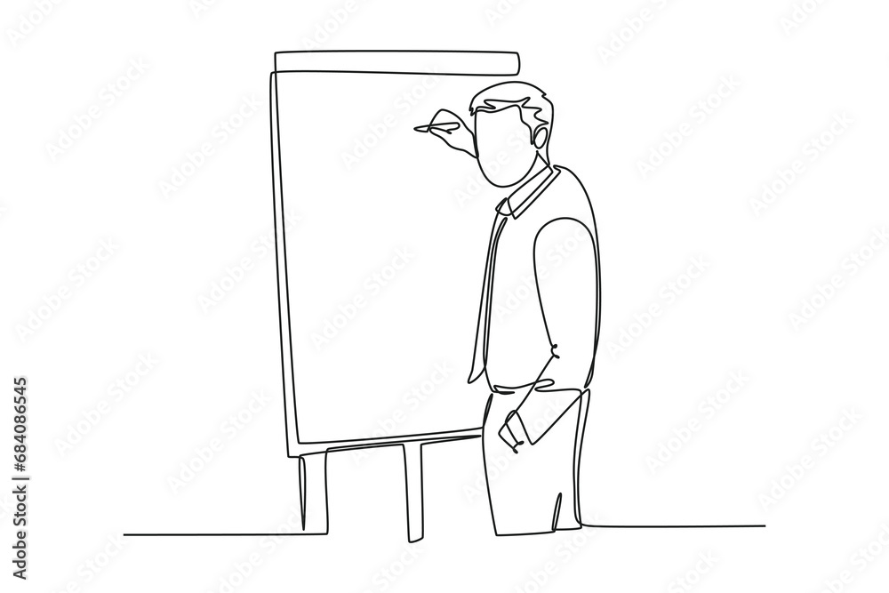 Continuous one line drawing of young presenter pointing finger on ...