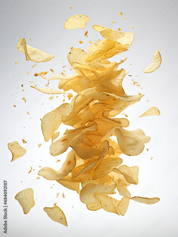 Dynamic image of crispy golden potato chips in mid-air, showcasing a ...