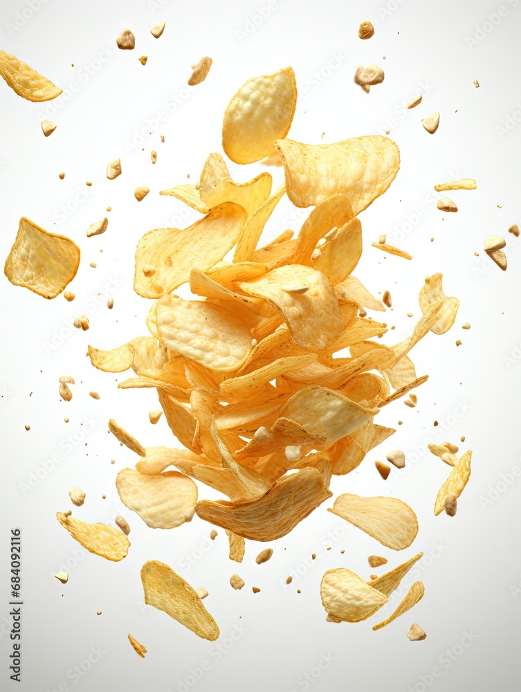 Dynamic image of crispy golden potato chips in mid-air, showcasing a ...