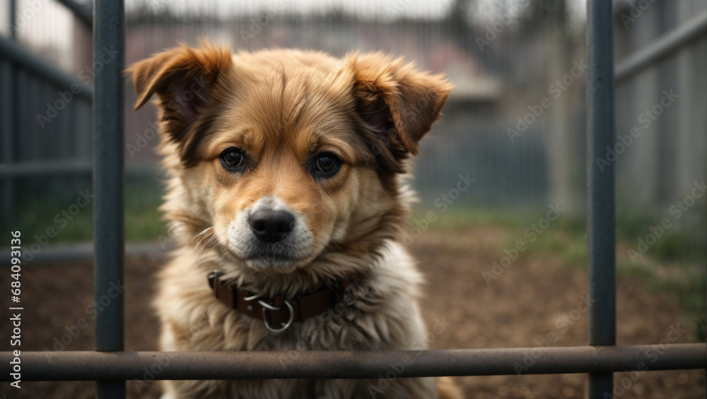 Homeless puppy sits behind bars in a dog shelter and waiting for the ...