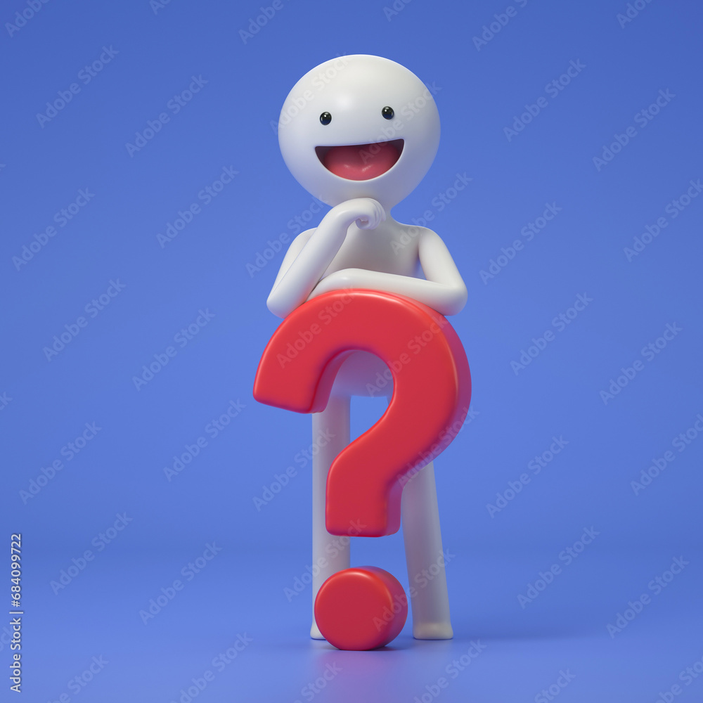 A 3D cartoon character with a red question mark.Confused man thinking ...