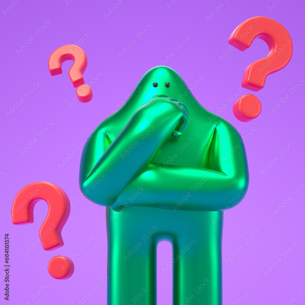 A 3D cartoon character with a red question mark.Confused man thinking ...