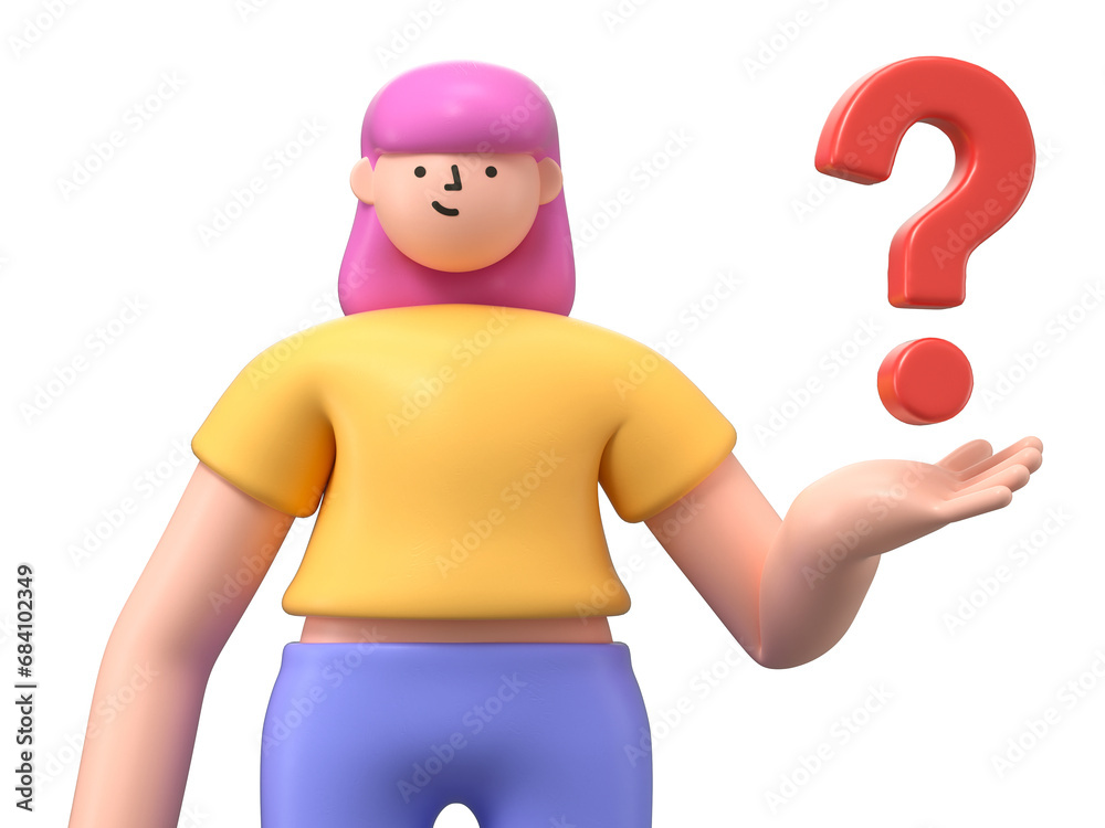 A 3D cartoon character with a red question mark.Confused man thinking ...