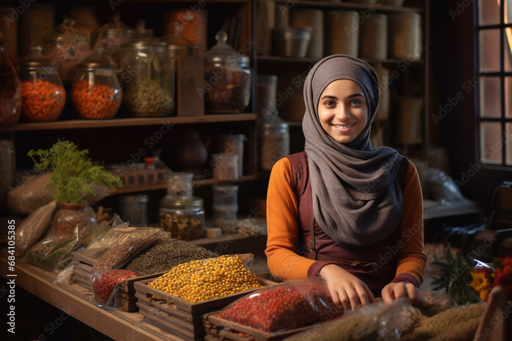 Beautiful young girl in hijab in spice shop. A spice saleswoman in a ...