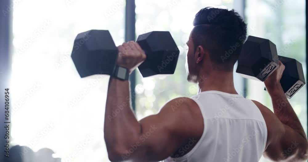 Bodybuilder man, dumbbells and back with workout, thinking or vision ...