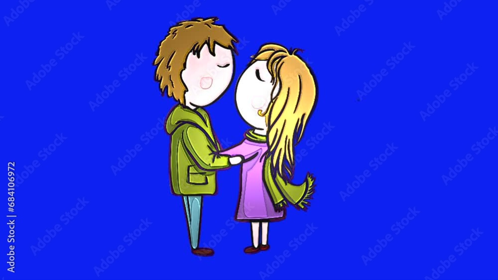 Animated video loop cartoon of a woman and man kissing on green screen ...