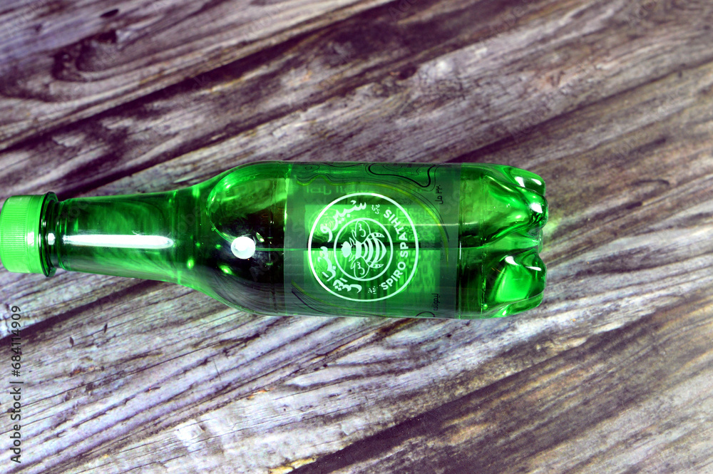 Cairo, Egypt, November 24 2023: Spiro Spathis green lemon soda drink ...