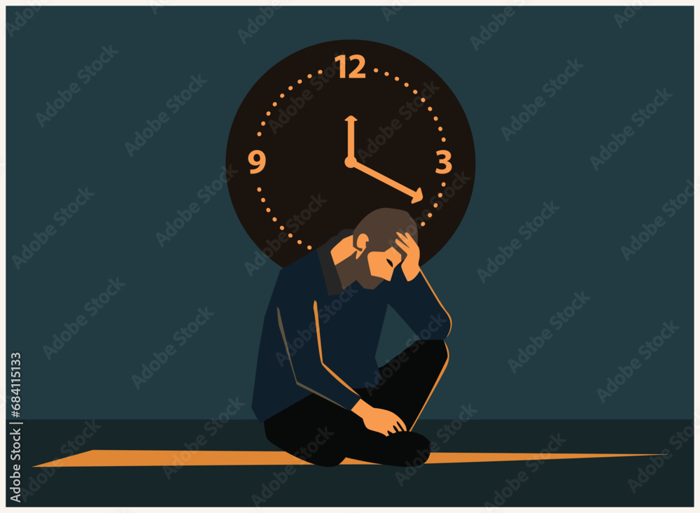 time flies, a depressed sad man, sitting on floor, clock on wall, dark ...