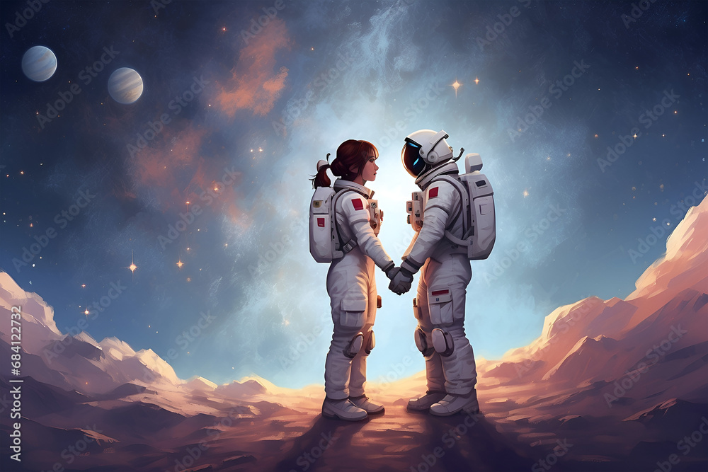 Astronaut couple holding each other's hands on space sky background ...
