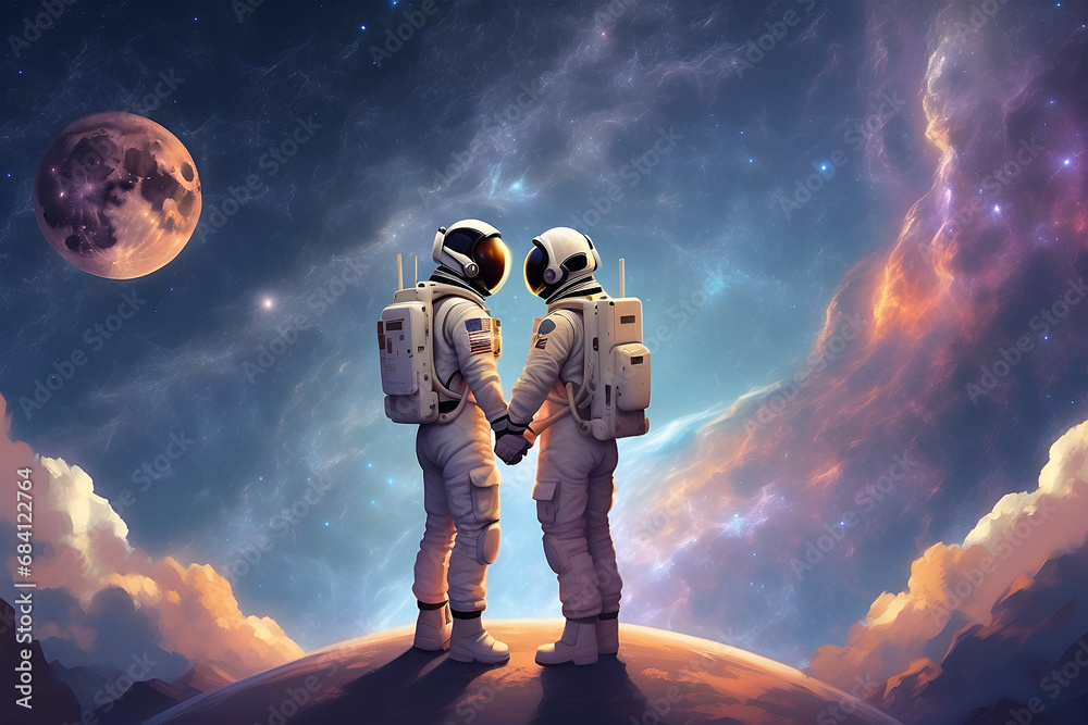 Astronaut couple holding each other's hands on space sky background ...