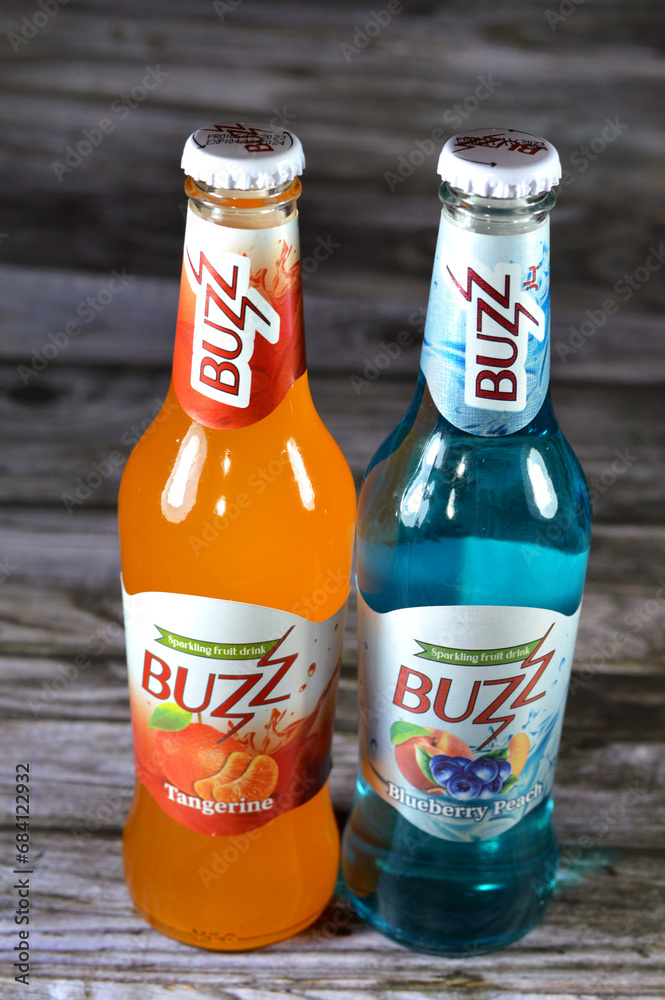 Cairo, Egypt, November 24 2023: Buzz sparkling fruit soda drink ...