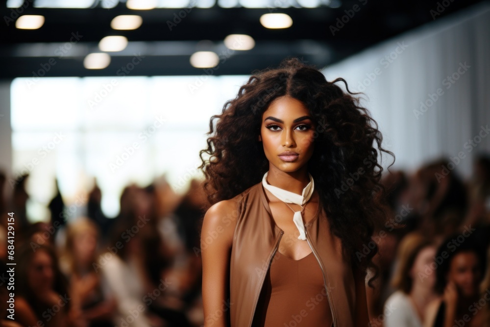 Beautiful women walks runway show strut down the catwalk wearing nude ...