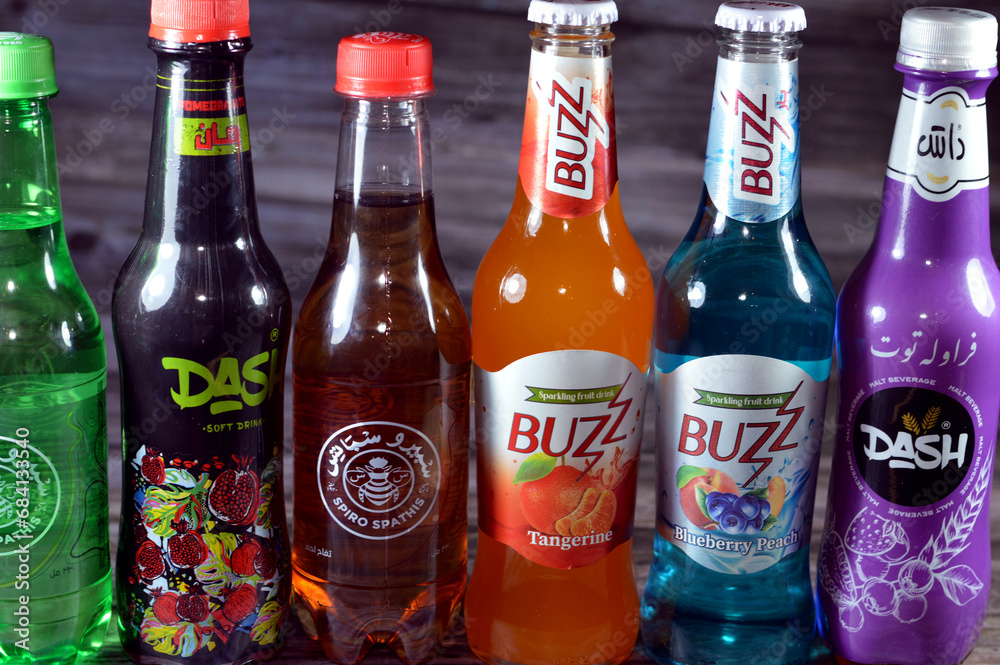 Cairo, Egypt, November 24 2023: variety of soft soda drinks of different types and flavors from ...