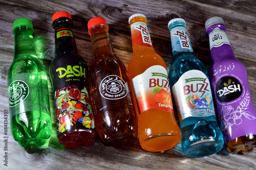 Cairo, Egypt, November 24 2023: variety of soft soda drinks of ...