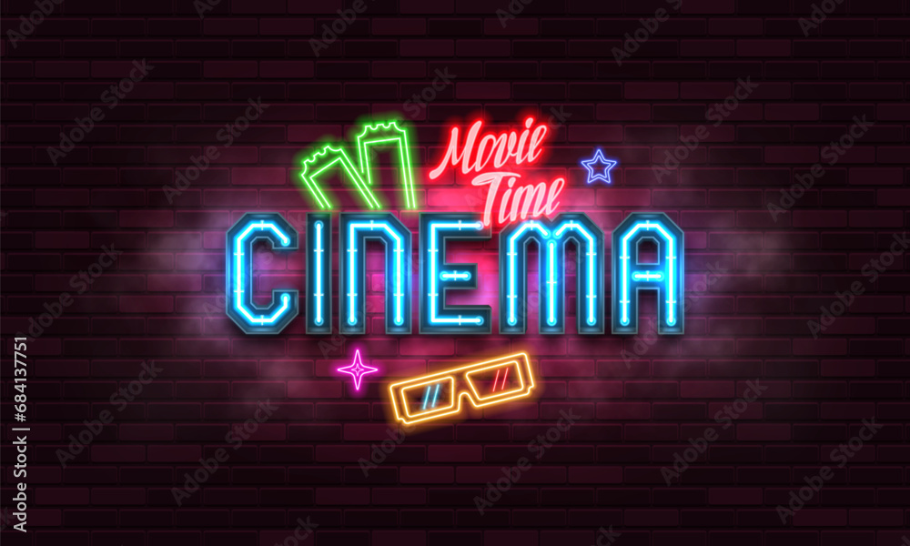 Movie time. Cinema banner or poster with retro neon signs. Vector ...