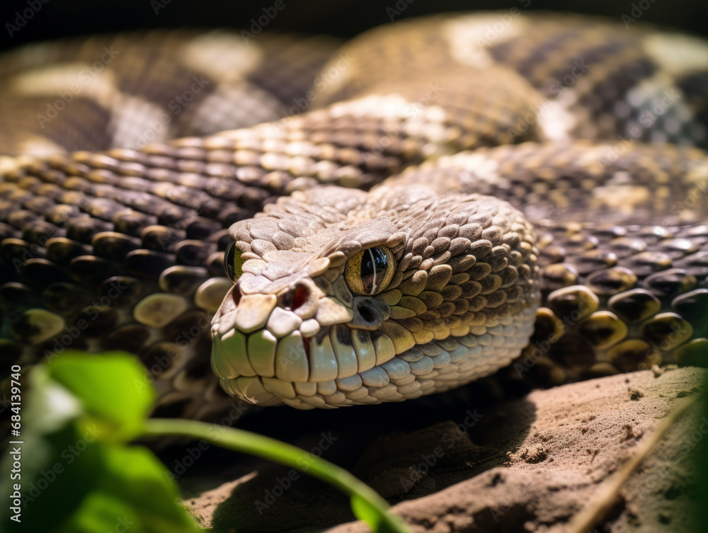 Camouflaged diamondback rattlesnake coiled in a natural dry habitat ...