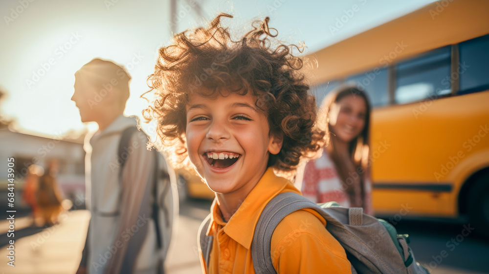 Happy school children laughing in front of the yellow school bus ...