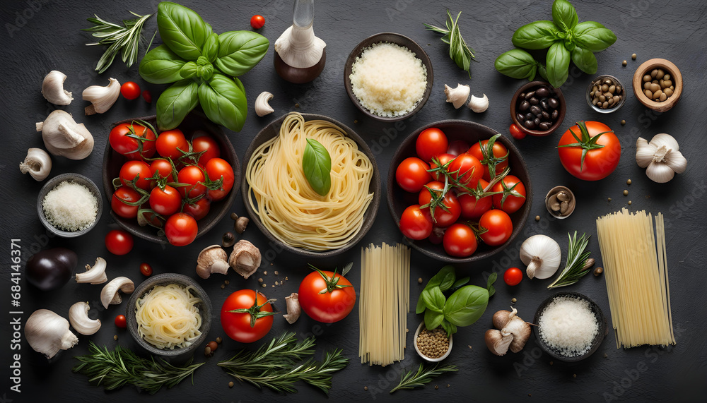 Italian food background, with vine tomatoes, basil, spaghetti ...