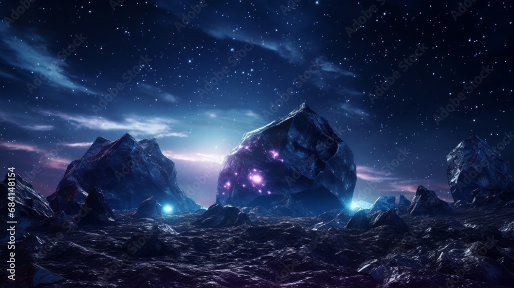 A cosmic scene with Blue Garnet meteorites streaking through a starlit ...