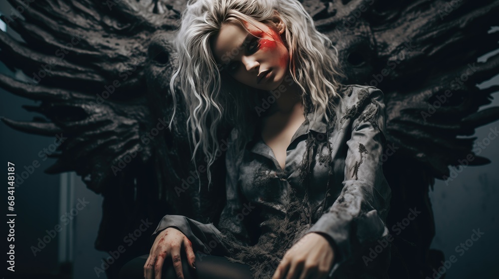 Mysterious woman with angelic face, sharp-focused in black and white ...