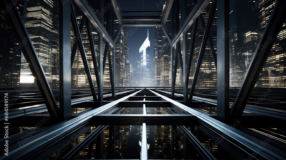 Rooftop view of a towering industrial skyscraper with sharp edges ...