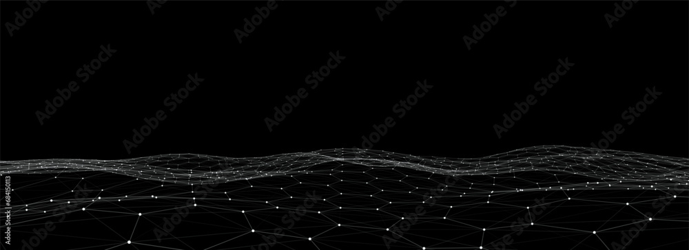 Abstract technology hexagon wave with motion dots and lines. Dark ...
