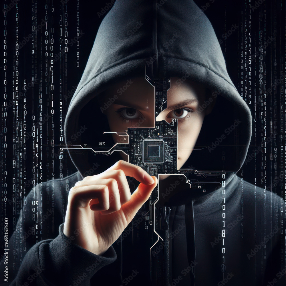 female hacker cracking the binary code on black background. ai ...