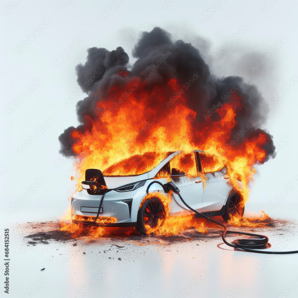 EV car fire while charging. Fire hazard from car on solid white ...