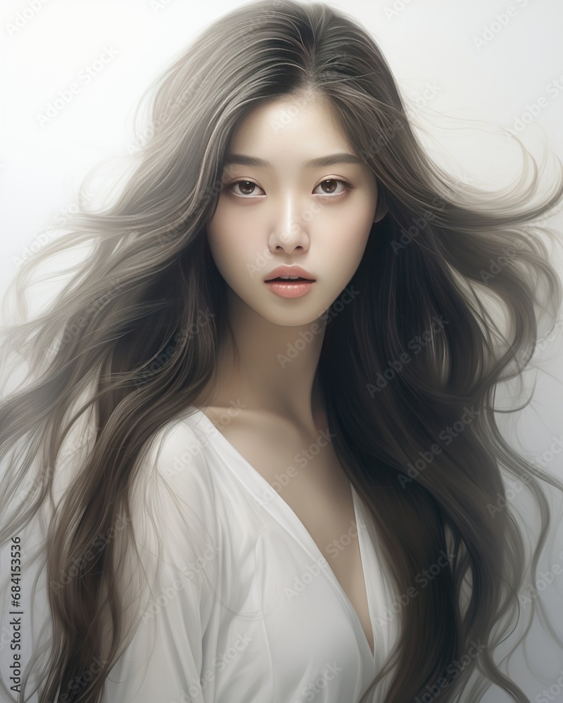 Minimalistic Japanese style woman with long hair, bright eyes, and ...