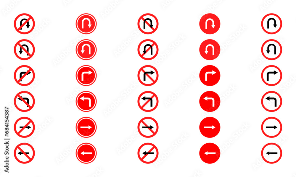 Set of no turn and u-turn left and right. Red prohibited road signs ...