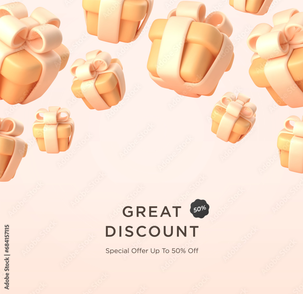3d realistic festive yellow gift boxes with ribbon and bow. Presents ...
