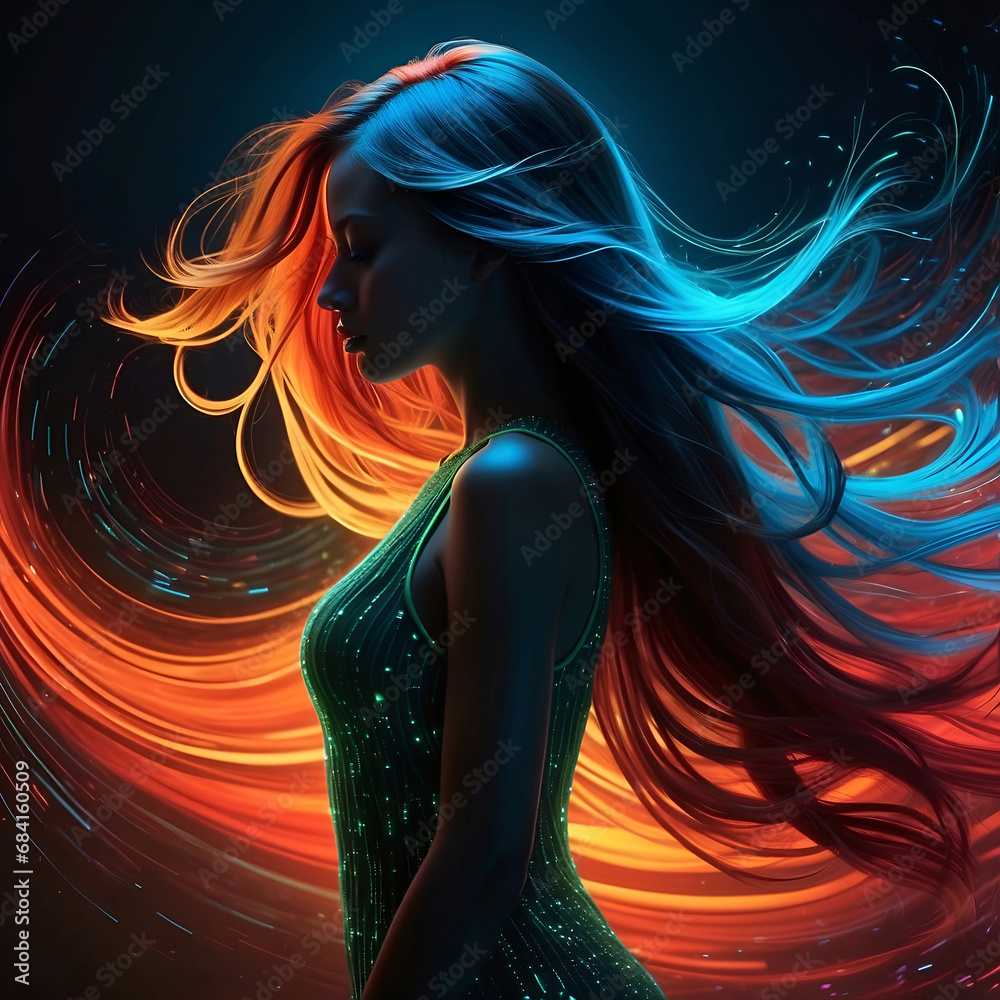 The flowing hair of a woman in a dress made of code with a dance of ...