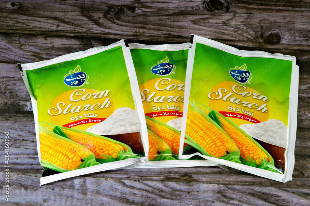 Cairo, Egypt, November 23 2023: Corn starch powder from Bait food, Corn ...