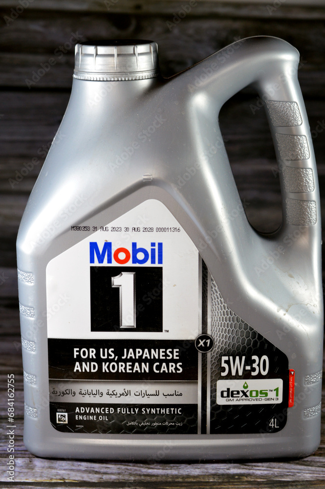 Cairo, Egypt, November 23 2023: Mobil one 1 5W-30 Dexos 1 GM approved ...