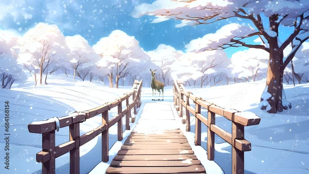 fantasy animated background winter panorama on wooden bridge with ...