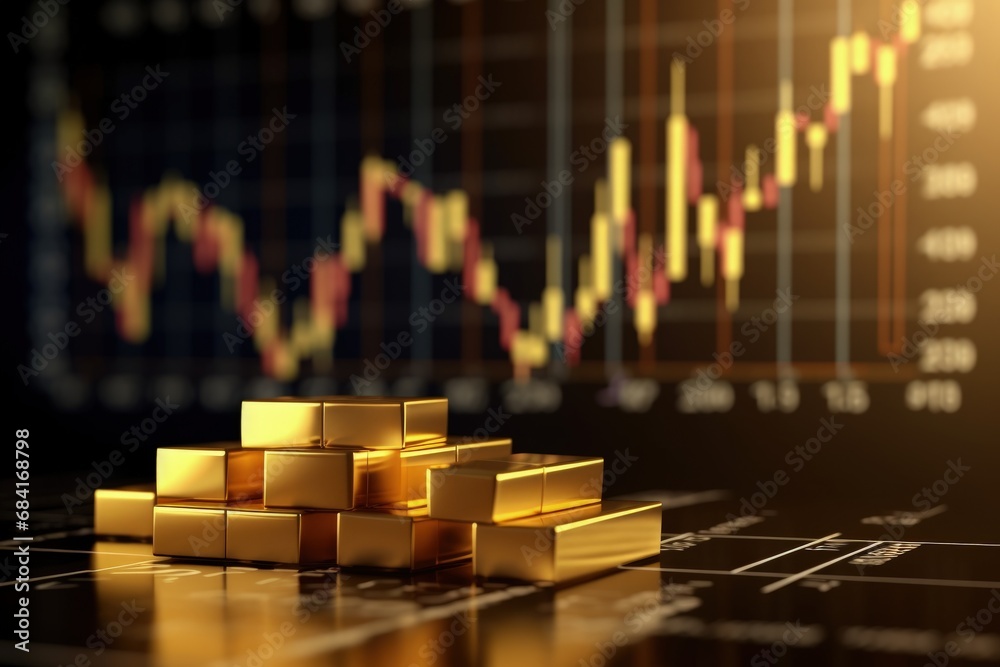 Stacked gold bars, golden coins, stock exchange ambiance, and dynamic stock charts a visual ...