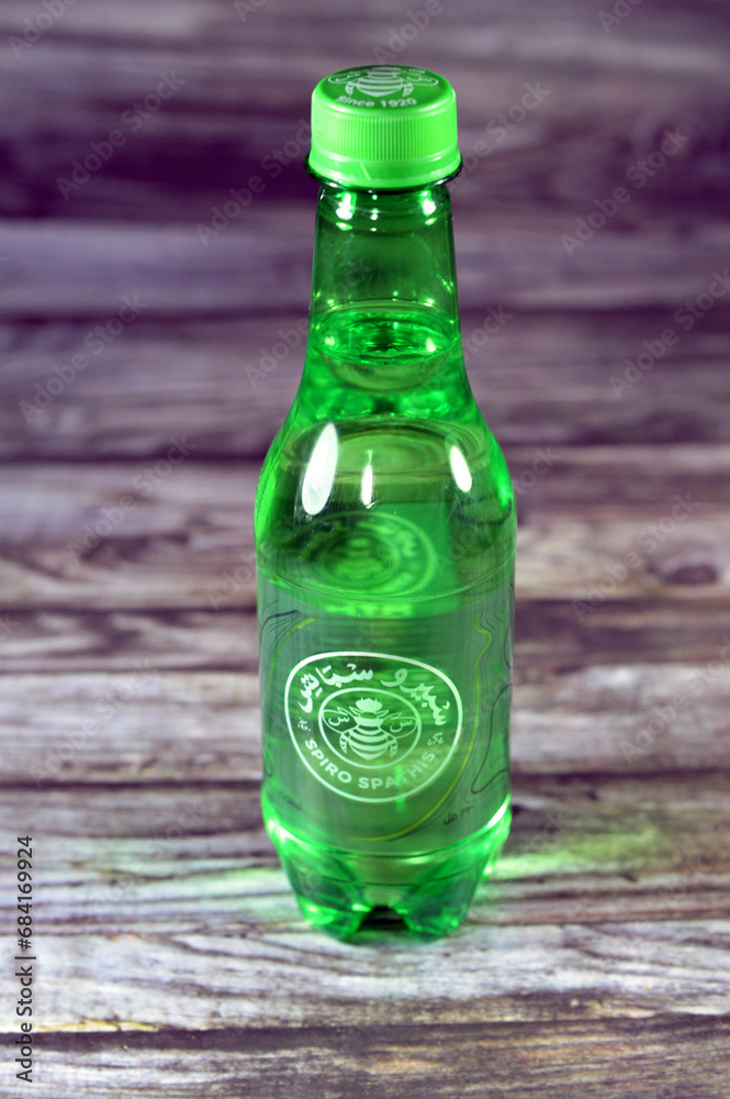 Cairo, Egypt, November 24 2023: Spiro Spathis green lemon soda drink ...