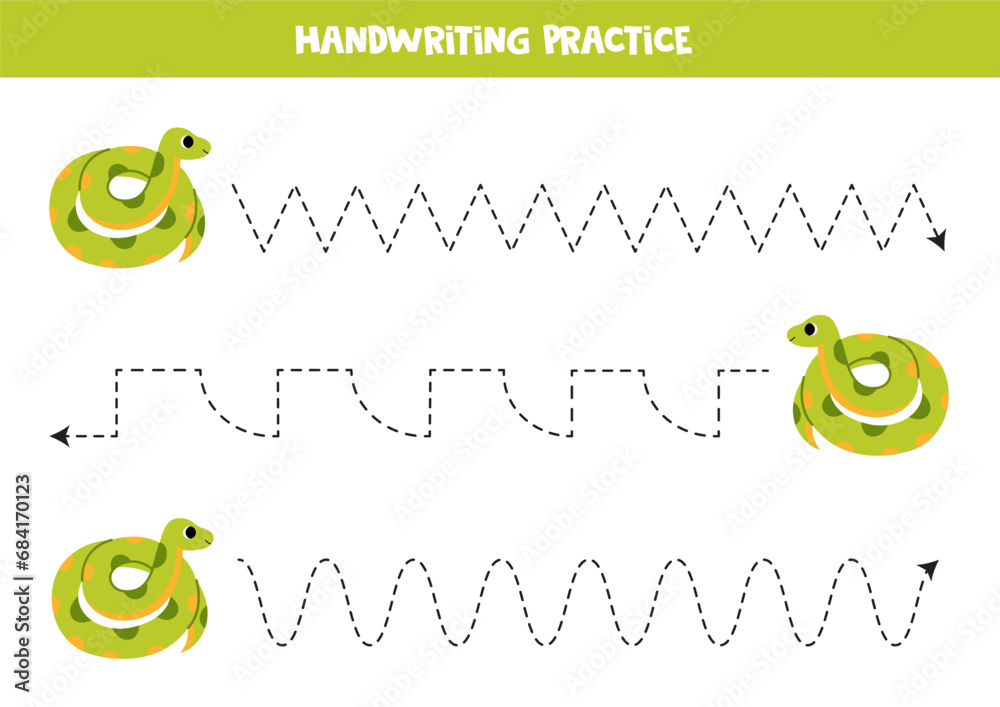 Tracing lines for kids. Cute cartoon green anaconda. Handwriting ...