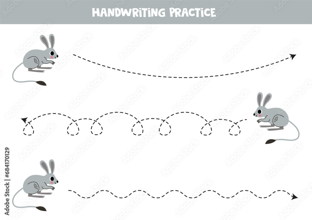 Tracing lines for kids. Cute cartoon gray jerboa. Handwriting practice ...
