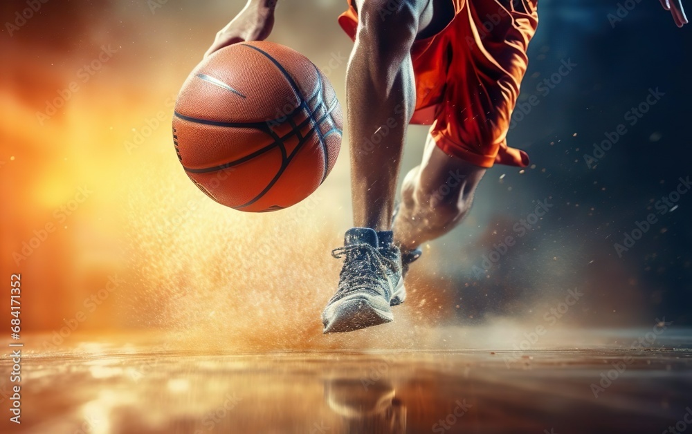 Photorealistic person dribbling orange basketball ball burning on ...