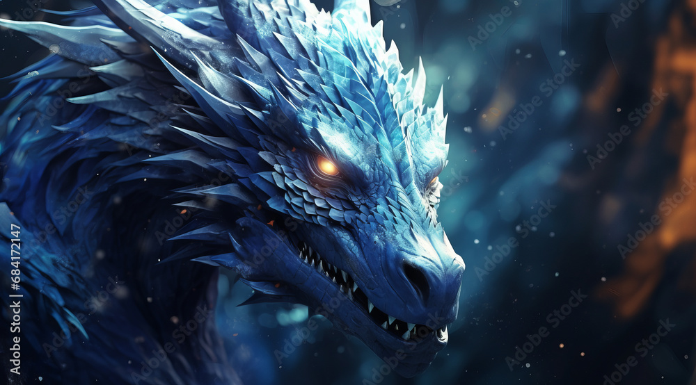 A detailed and mystical blue dragon with glowing eyes in an atmospheric ...