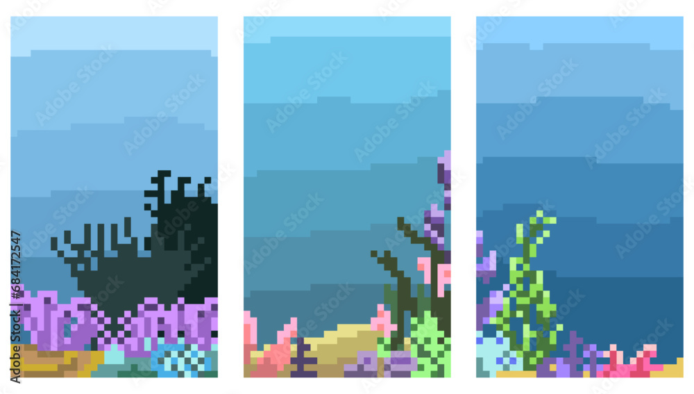pixel art underwater world in sea vector cartoon landscape, Sea ...