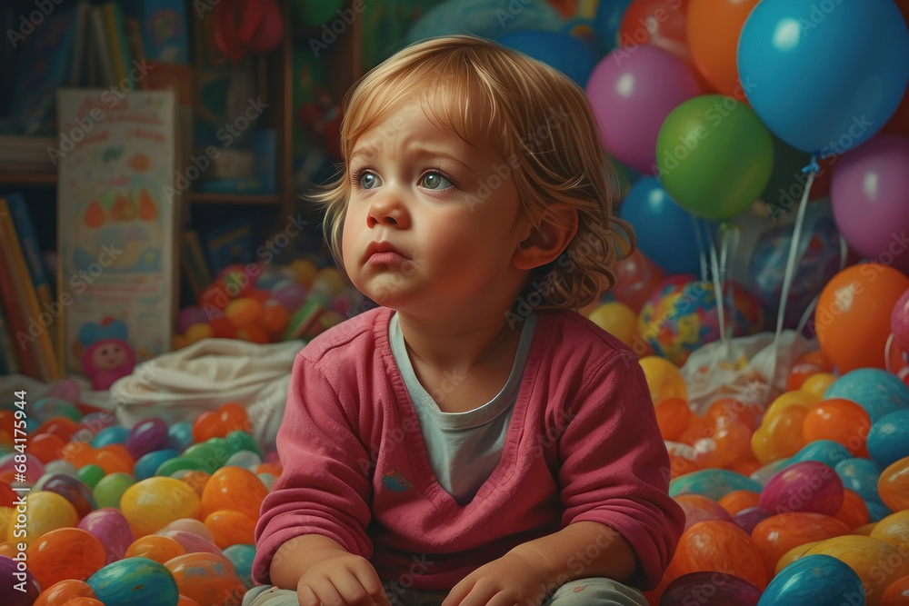 Illustration in bright colors as a painting with a portrait of a child ...