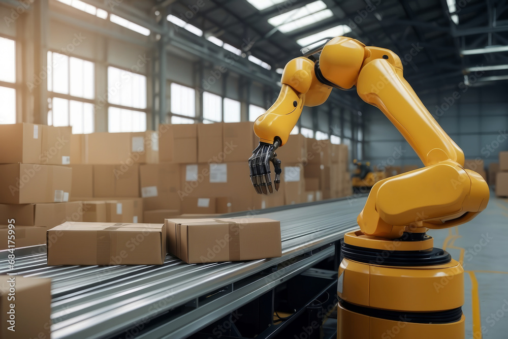 Industrial robot arm grabbing the cardboard box on roller conveyor rack ...