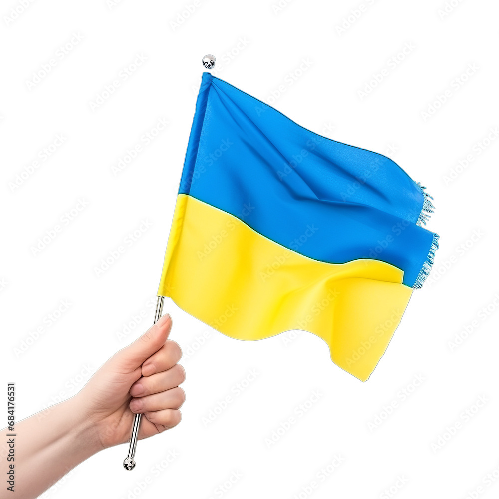 Hand of unrecognized person holding an Ukrainian flag isolated on ...