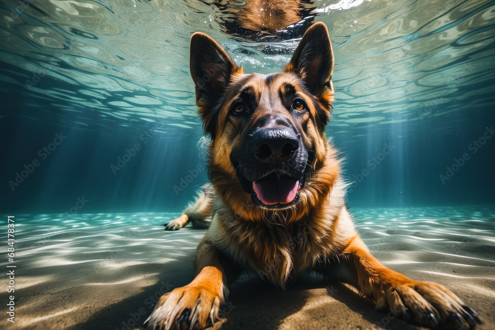 German Shepherd in the water. dog on vacation underwater in the lake ...