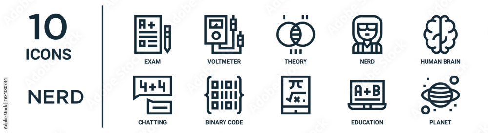 nerd linear icon set. includes thin line voltmeter, theory, human brain ...