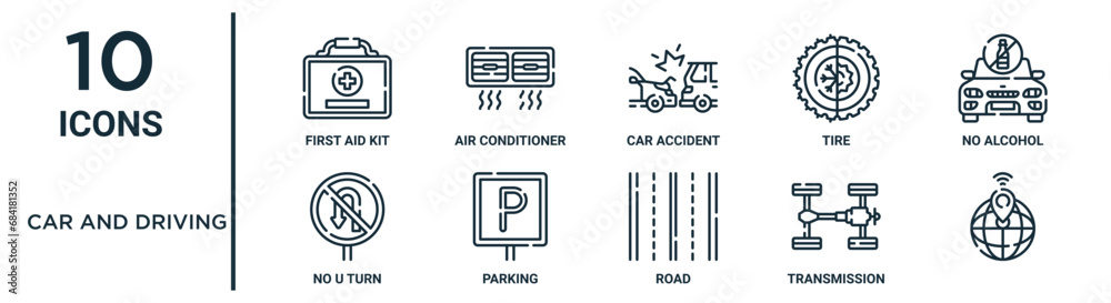 Vetor de car and driving linear icon set. includes thin line air ...