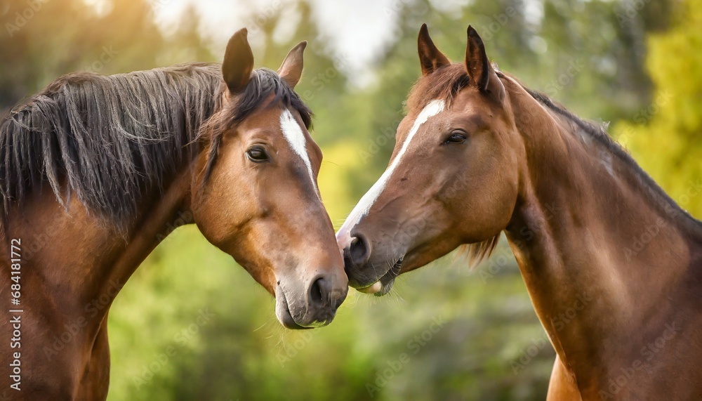 portrait of two beautiful horses touching noses lovely on a natural ...