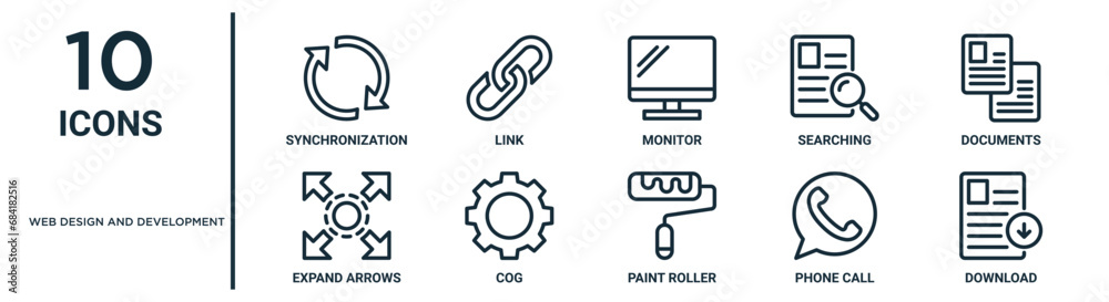 web design and development linear icon set. includes thin line link, monitor, documents, cog ...
